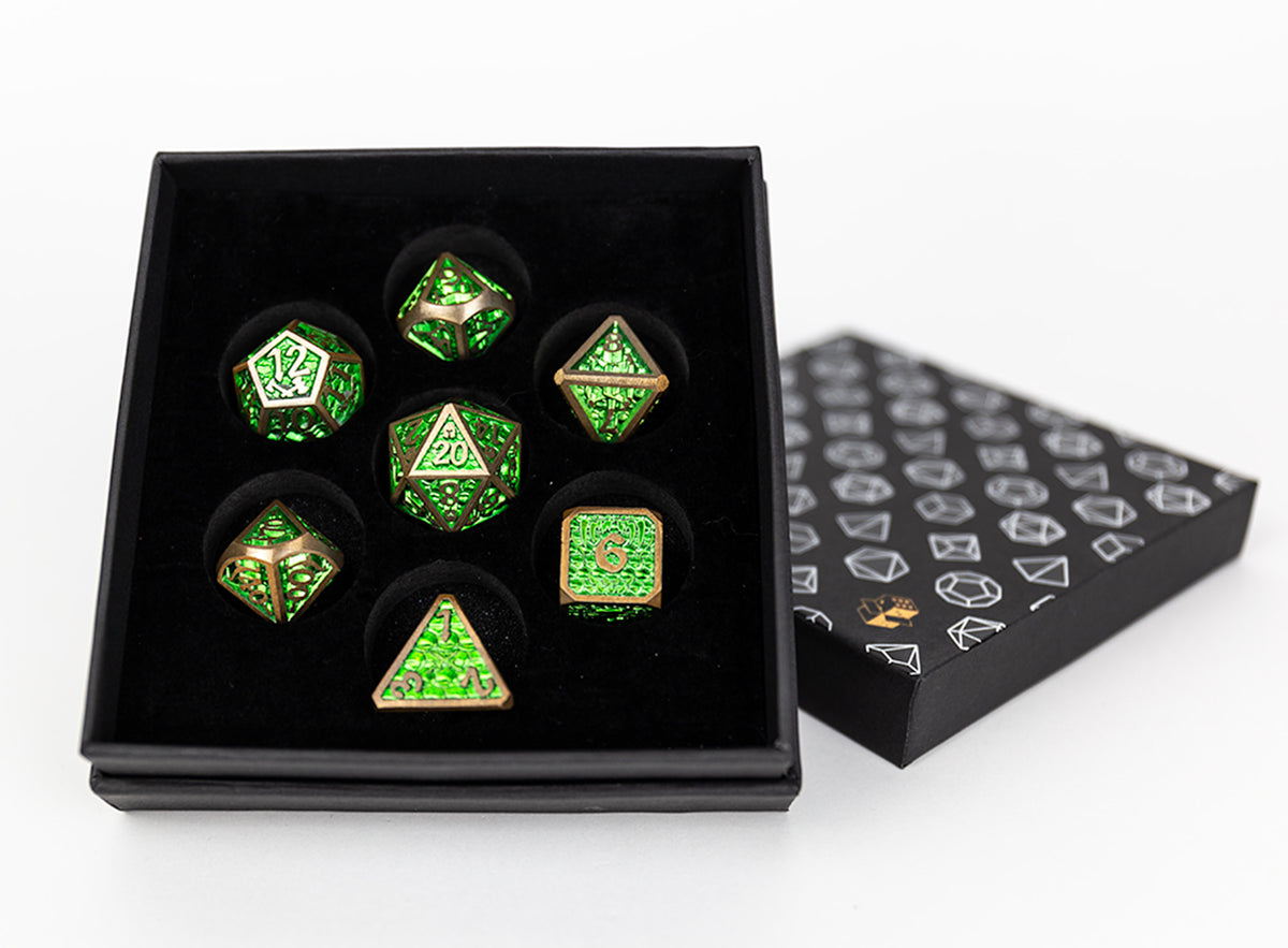Draco Metal RPG Dice Set: Bright Green / Brass | Campaign Supplies