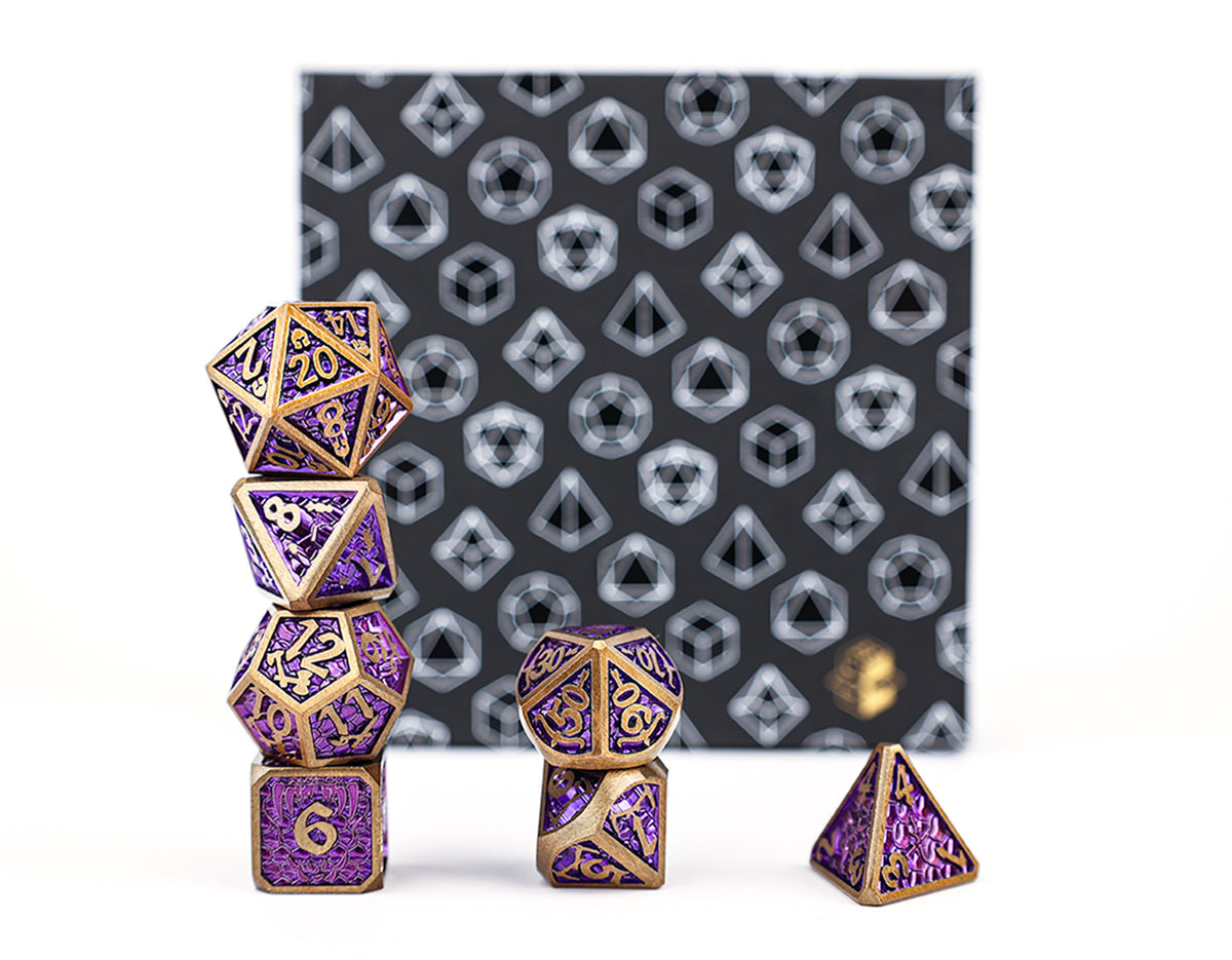 Draco Metal RPG Dice Set: Bright Purple / Brass| Campaign Supplies